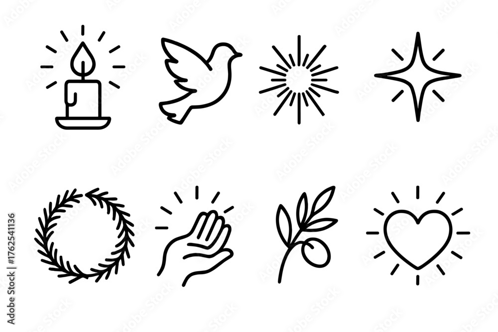 Advent Hope and Peace outline icon set: glowing candle, dove silhouette ...
