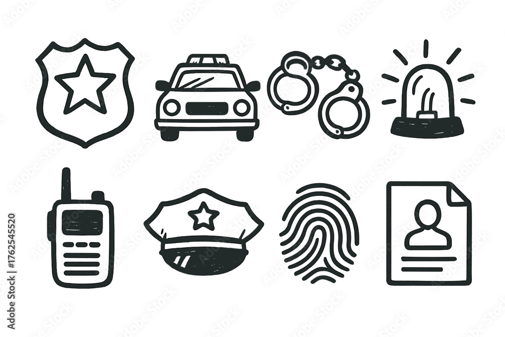 Law Enforcement set of icons in doodle hand-drawn vector style: police ...