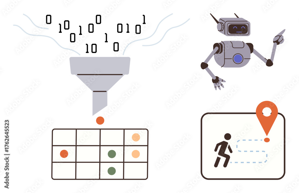 Vector de Stock Binary data flows into a funnel, forming a grid of ...