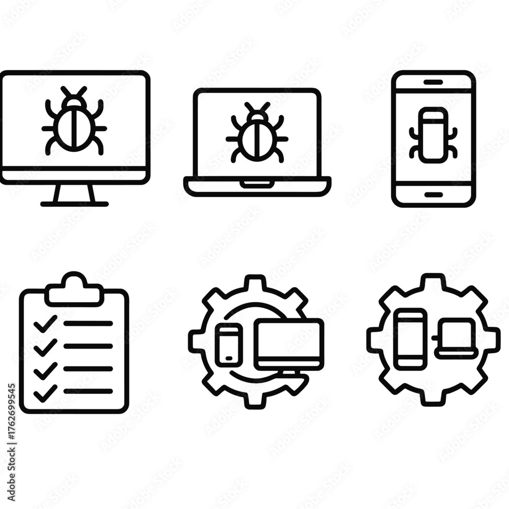 Cross-Device Testing outline icon set: monitor icon, laptop, phone, bug ...