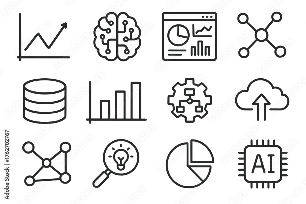 Data-Driven Intelligence set of icons in doodle hand-drawn vector style ...