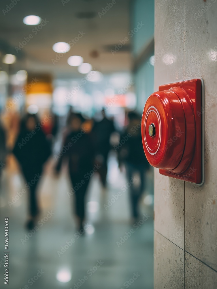 bright red fire alarm mounted on wall in public building hallway ...