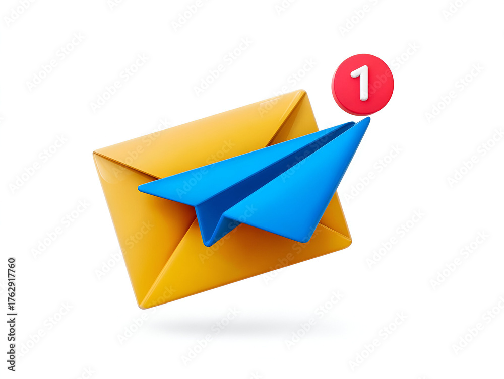 A notification symbol with a blue paper airplane and an envelope ...