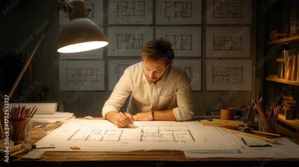 Architect Reviewing Floor Plans with Lamp Light in Modern Workspace Surrounded by Drawings and ...
