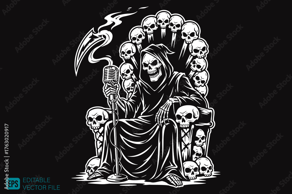Grim Reaper Skeleton King on Skull Throne with Scythe and Microp Stock ...