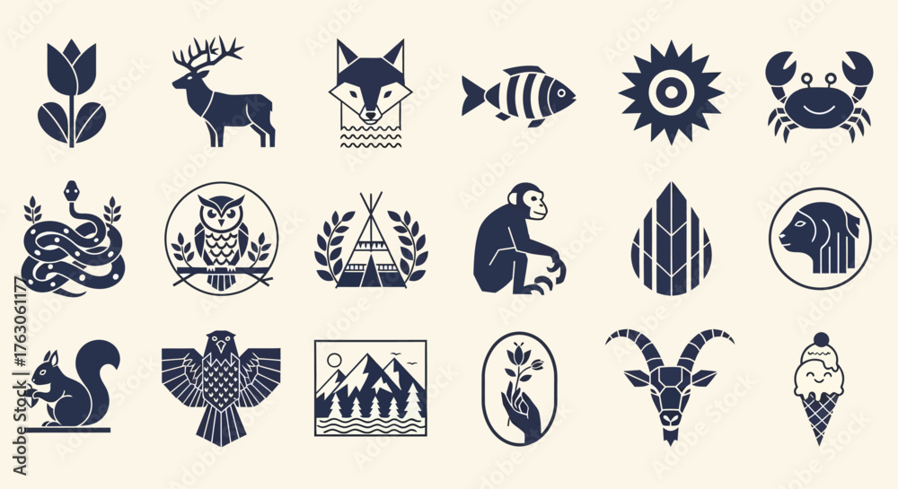 Diverse collection of modern geometric icons featuring wildlife animals ...