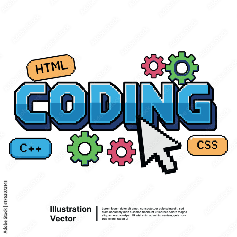 Vektor Coding Graphic Design with HTML, CSS and C++ on pixelated text ...