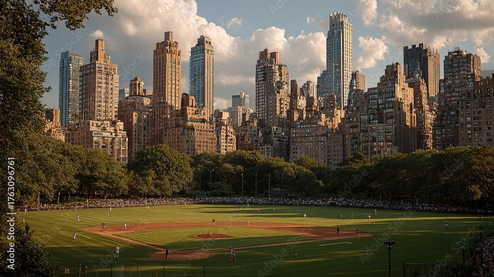 Summer Baseball Game in Central Park with Manhattan Skyline. Exciting ...