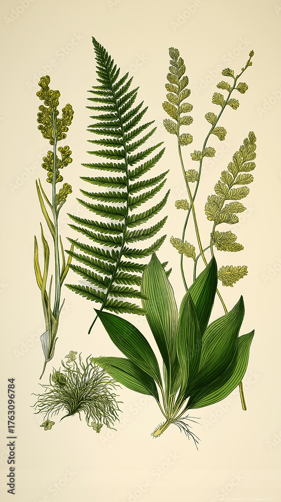 Vintage botanical illustration of prehistoric ferns and ancient plants ...
