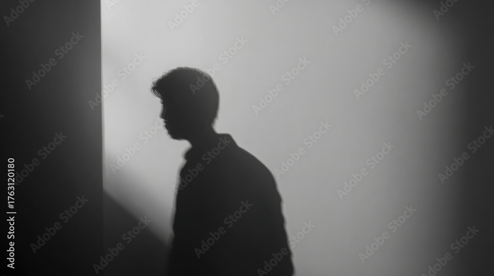 Abstract minimalist photo of a human shadow cast on a pale wall ...