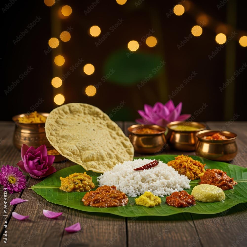 Traditional onam sadhya meal served on banana leaf with various curries ...