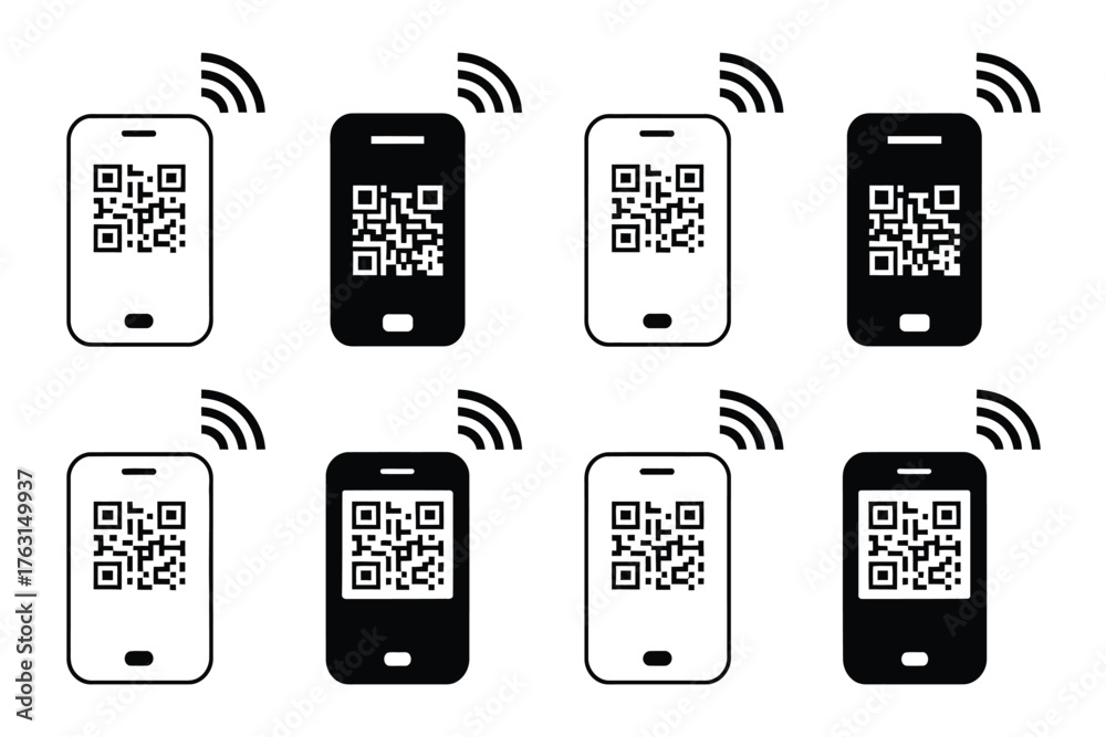 Smartphone Scan‑Me and QR Payment Icon Set – High-quality vector mobile ...