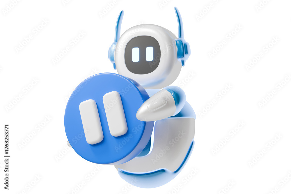 3d ai robot with pause button icon. playback control concept. Minimal ...