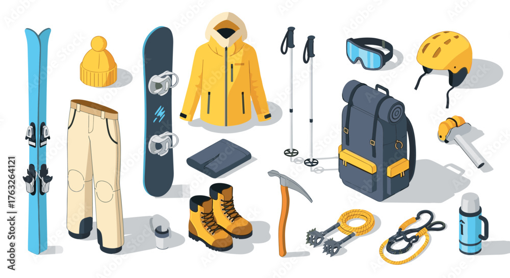 Winter sports gear set with backpack, skis, snowboard, and climbing ...