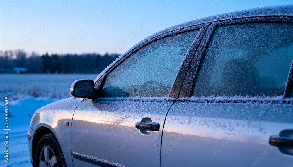 Car door frozen shut on quiet winter morning with soft blue light and ...