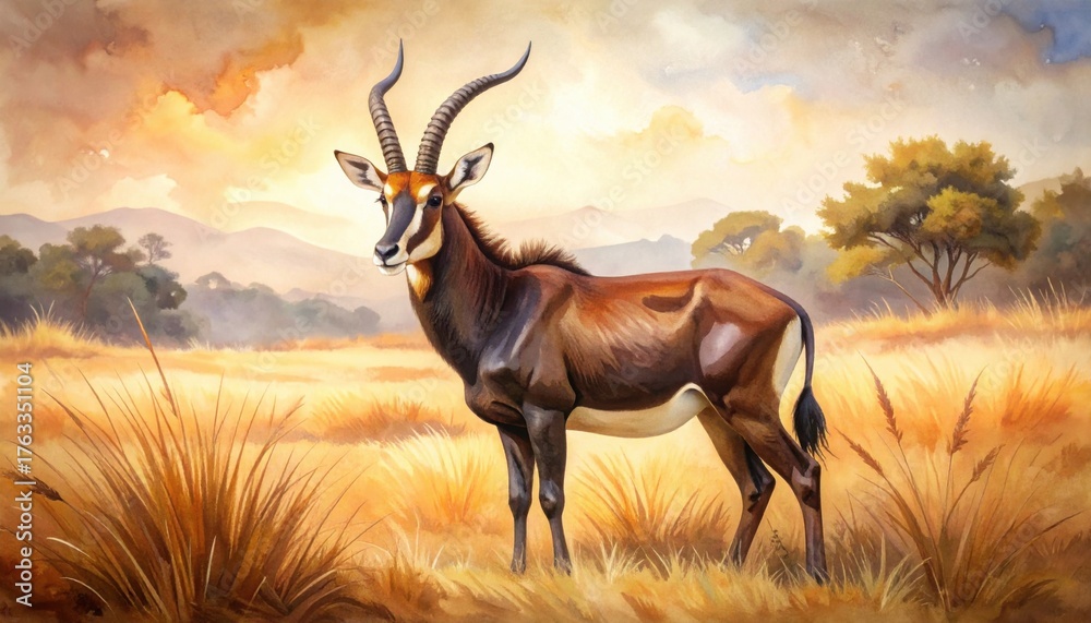 Sable antelope in warm evening glow expressing wilderness, grace and ...