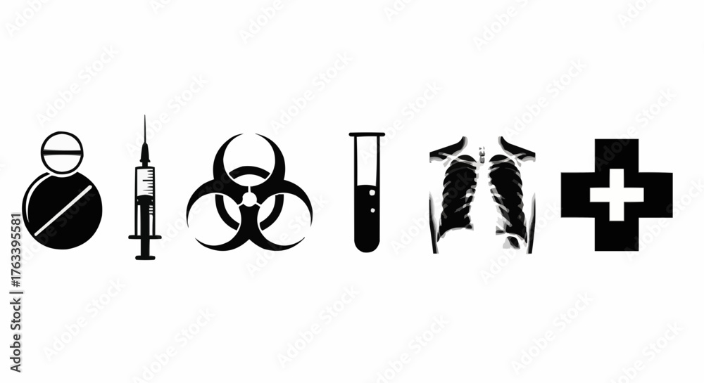 Medical Context Silhouette Icon Set — Pill, Syringe, Biohazard, Test ...