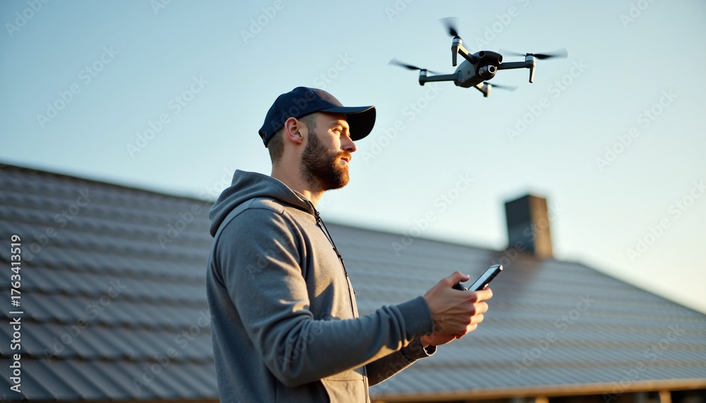 Man operating drone, capturing aerial footage with his professional ...
