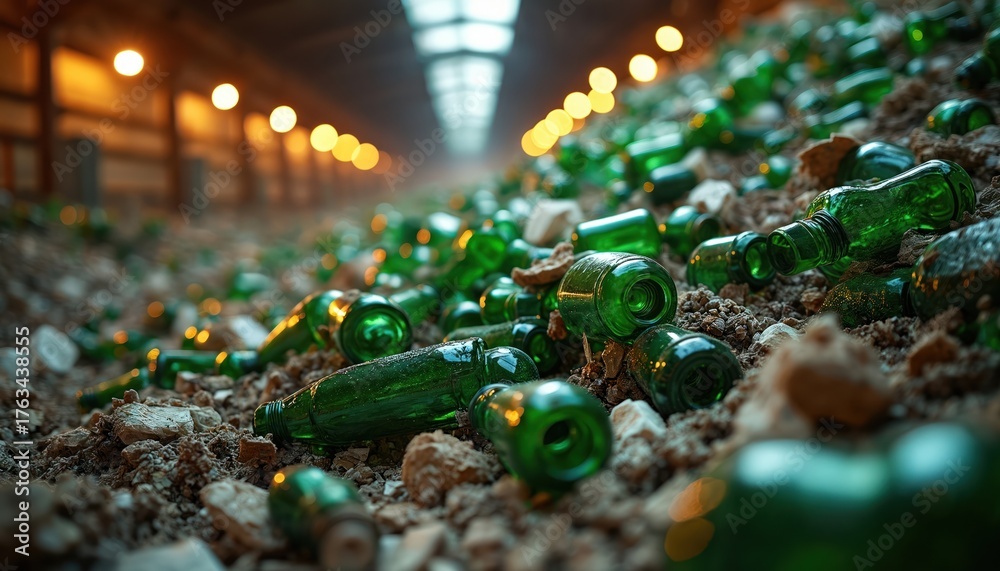 Massive mountain of green glass bottles piled on dirt ground inside ...