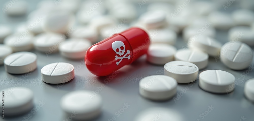 Red capsule with skull icon lies among white tablets. Pharmaceutical ...