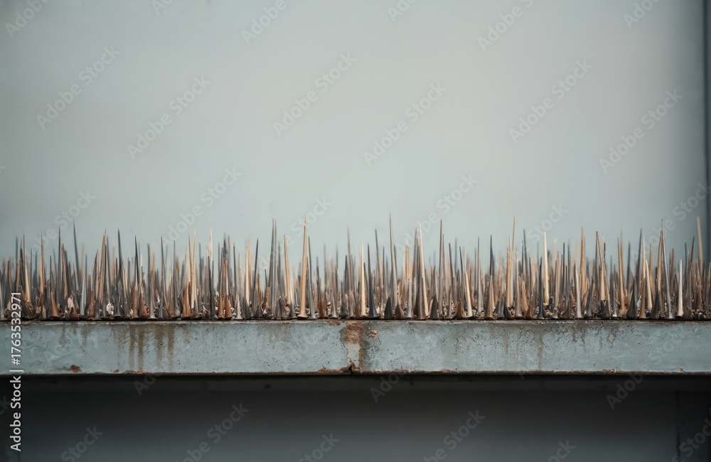 Bird spikes on building facade prevent pigeons from landing. City ...