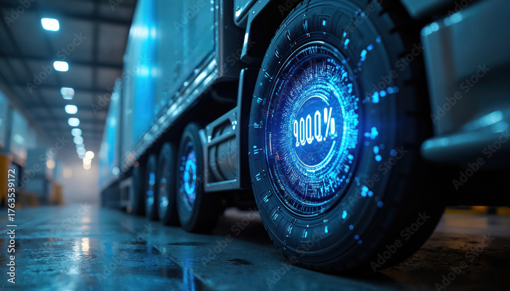 Truck wheel displays 900 digital progress. Futuristic interface shows ...