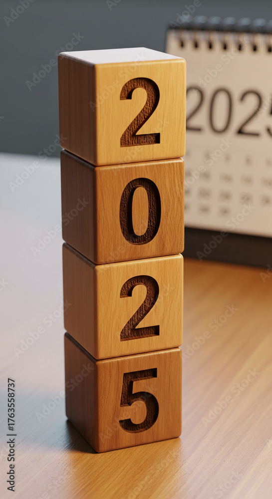 Wooden blocks forming 2025 on table, next to blurred calendar ...