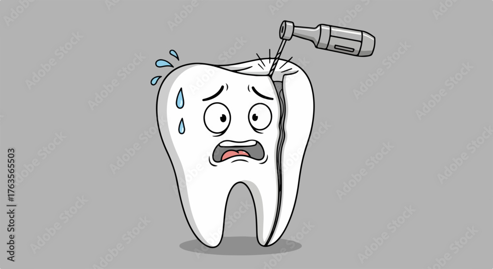 Cartoon tooth with dental anxiety, cracked, sweating, facing a drill ...