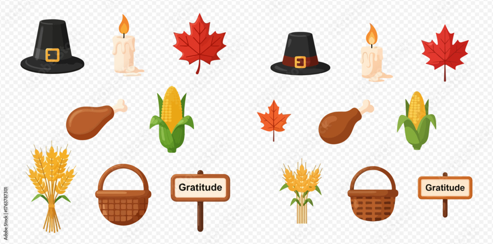Thanksgiving themed clip art featuring hats, candles, leaves, corn ...