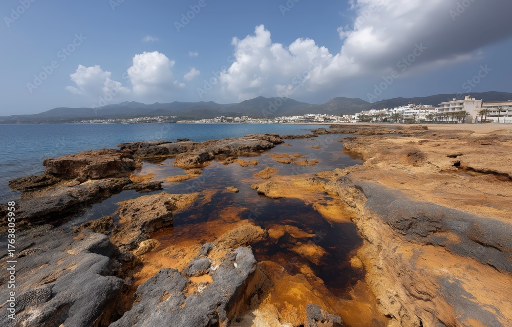 Coastal view of Mar Menor showing eutrophication threat with algal ...
