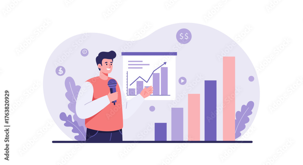 Business presentation with male speaker analyzing growth chart and bar ...