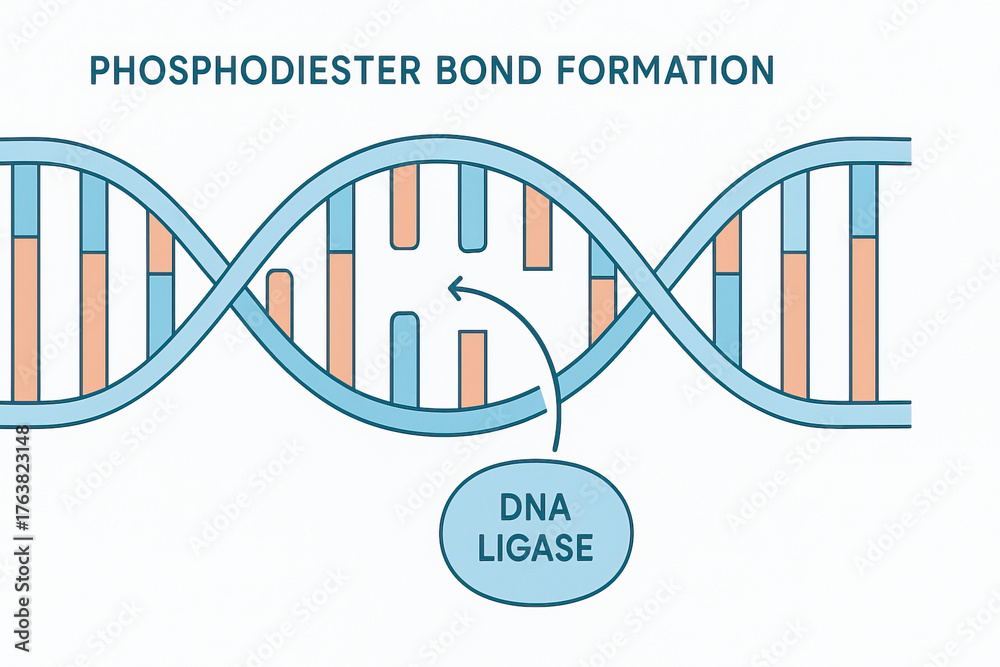 Phosphodiester bond formation DNA ligase helix nucleotide backbone ...
