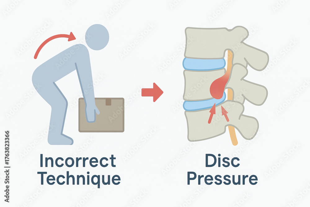 Herniated disc health awareness concept infographic showing improper ...