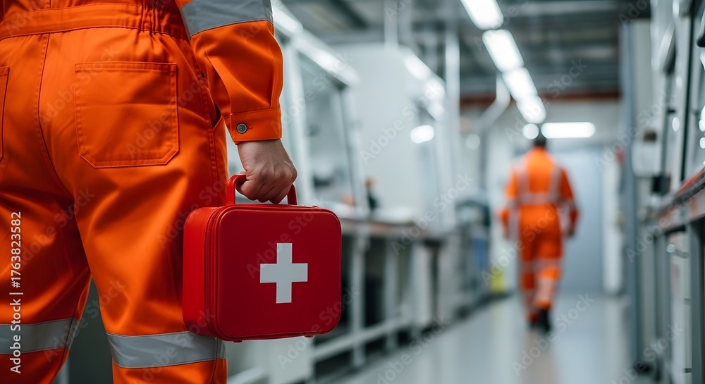 Dedicated worker carrying essential first aid kit in modern industrial ...