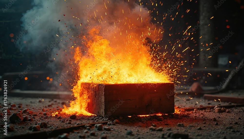 Dramatic photo of wood box on fire in industrial setting. Flames engulf ...