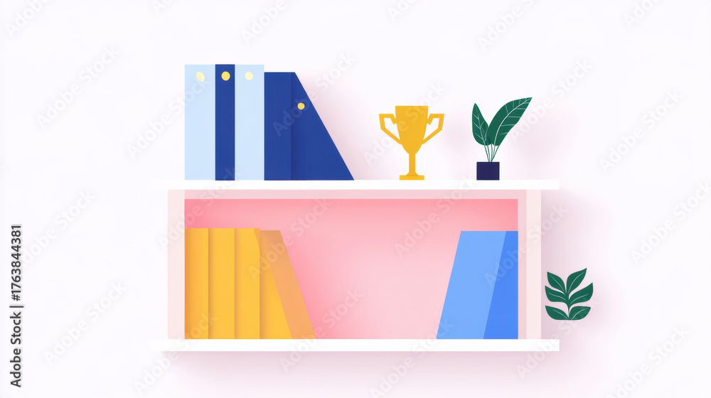 Working in the office, A detailed bookshelf featuring binders and award ...