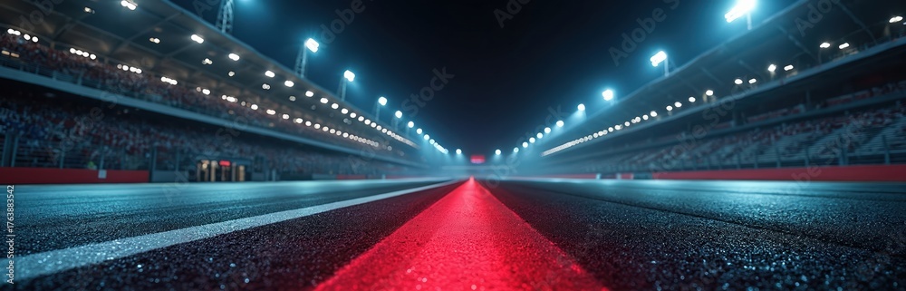 Empty grand prix racetrack at night with illuminated stadium. Sport ...