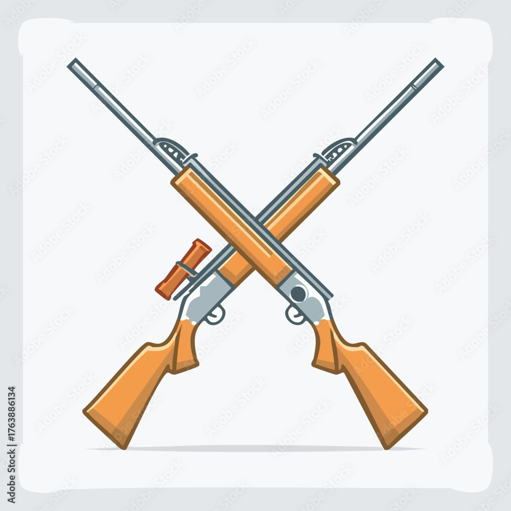 Two crossed hunting rifles with wooden stocks and scopes, ready for the ...