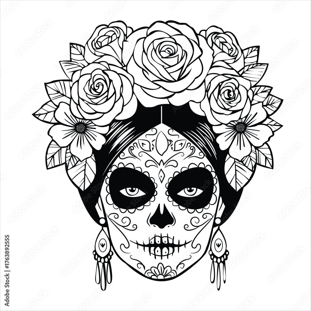 La catrina sugar skull woman with elaborate floral headdress and ...