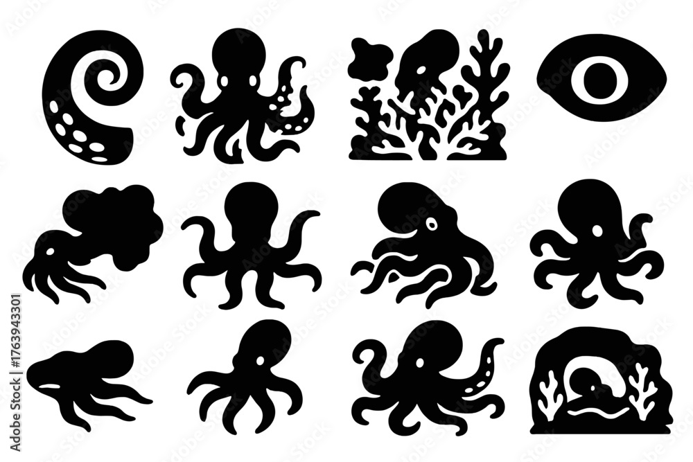 Octopus Icons Collection. Solid style icons of Octopus: curled tentacle ...
