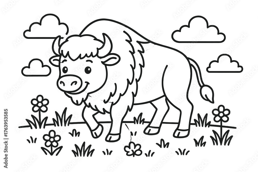 Bison on Prairie. A smiling bison walking on a prairie with grass ...