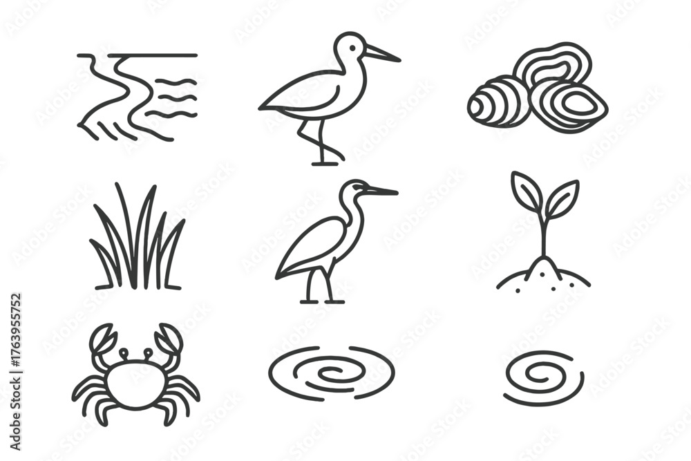 Estuary Line Icons. Line style icons of Estuary: River Mouth, Wading ...