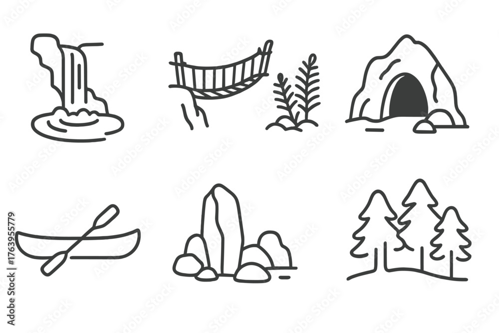 Hidden Fjord Icons. Line style icons of Hidden Fjord: Waterfall Pool ...