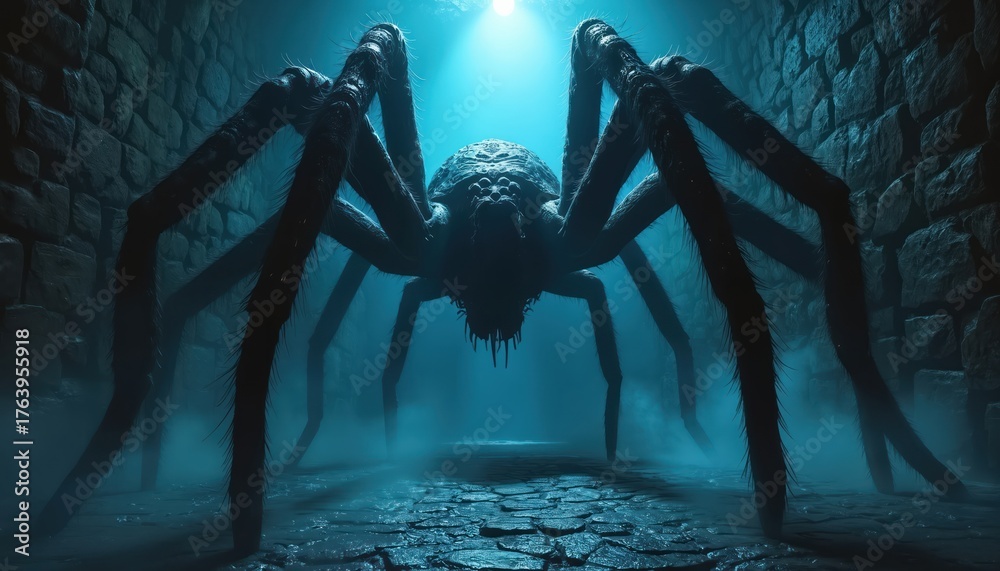 Giant spider creature lurks in dark dungeon corridor. Eerie blue mist ...