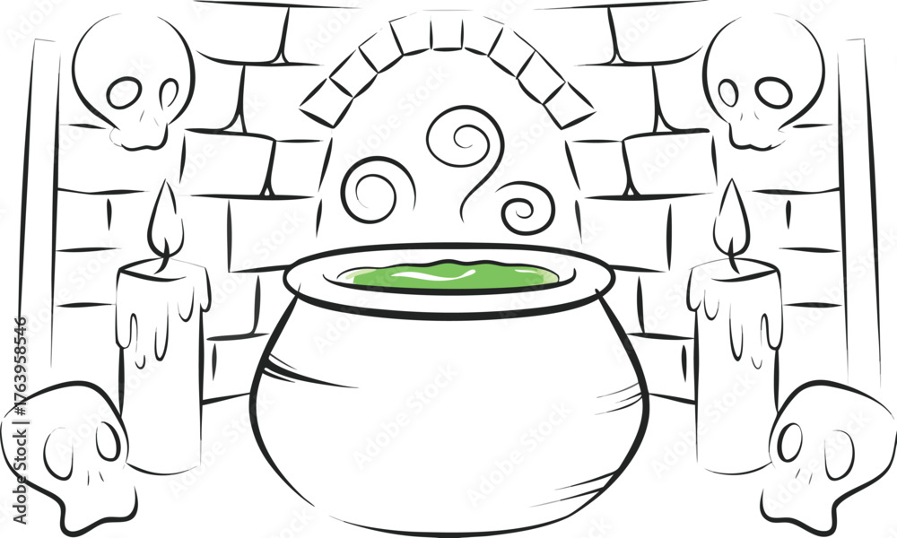 Spooky Witch Cauldron Line Art with Skulls & Brick Hearth - Halloween ...