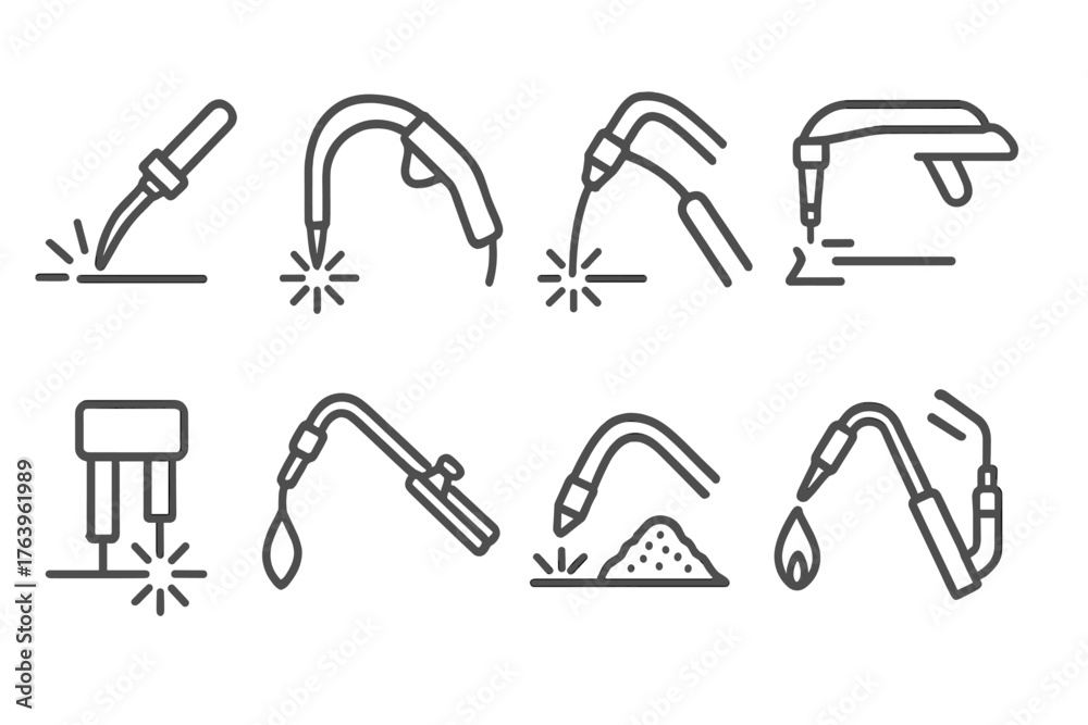 Welding Tools Icons. Line style icons of Welding methods: arc welding ...
