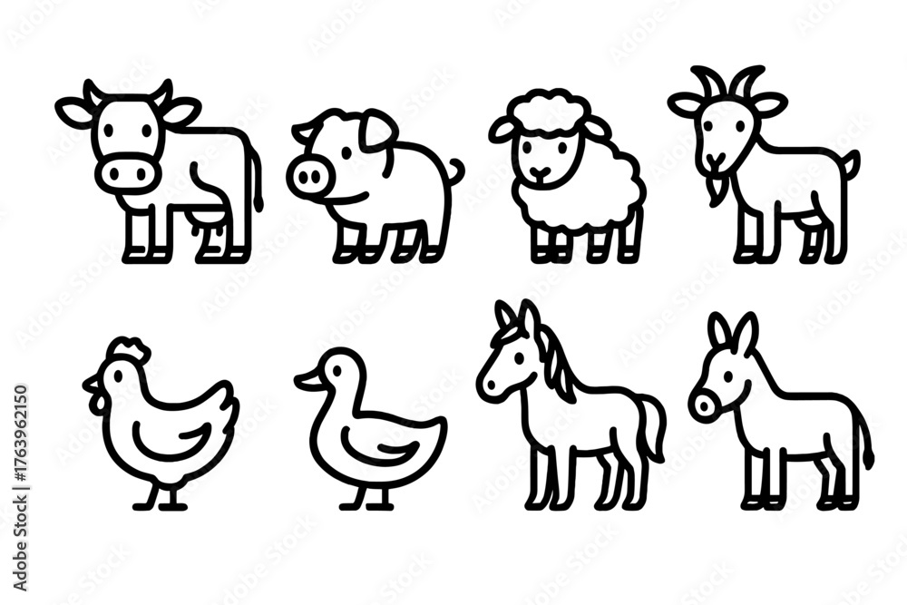 Farm Animal Icons. Line style icons of Farm animals: cow, pig, sheep ...