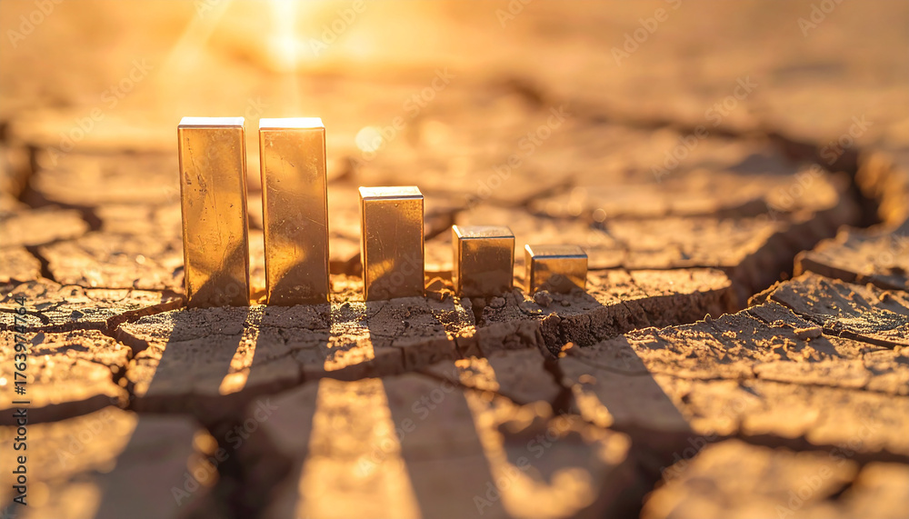 Metallic bar graph emerging from cracked desert soil. Growth amid ...
