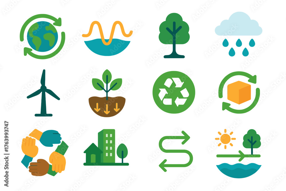 Regenerative Economy Symbols flat icons: earth loop, energy wave ...