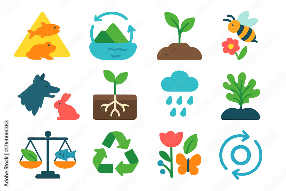 Ecosystem Elements flat icons: food chain diagram, water cycle, plant ...